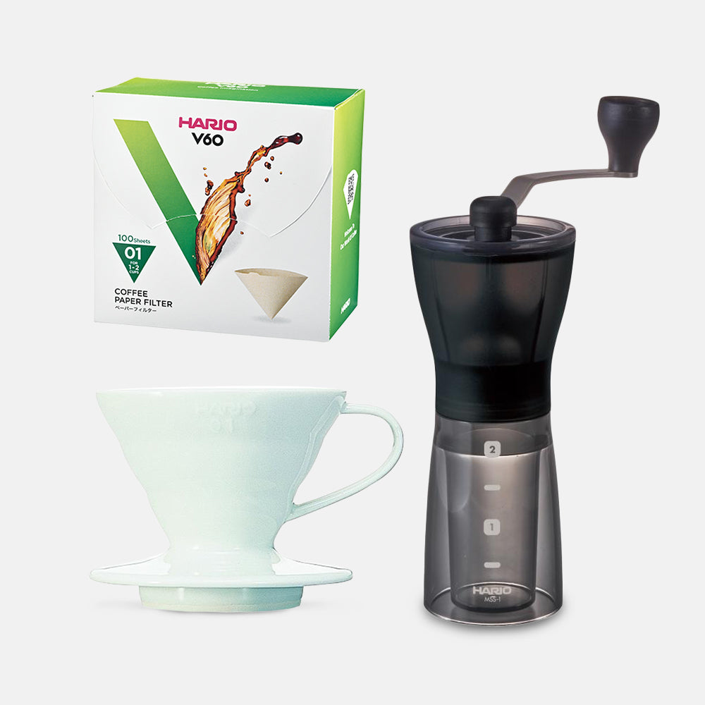 Hario Mini Mill Plus V60 Ceramic Starter Kit Size 01 (White) — Hario UK