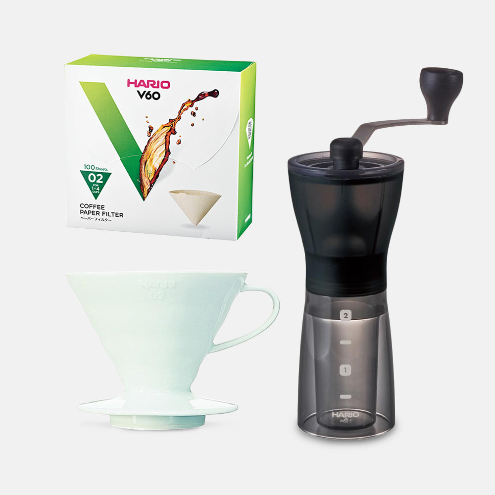 Hario Mini Mill Plus V60 Ceramic Starter Kit Size 02 (White) — Hario UK