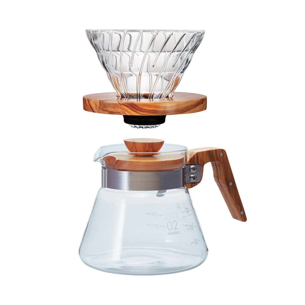 Hario Olive Wood Glass Bundle 02 V60 Dripper 02 Olive Wood Server — Hario UK